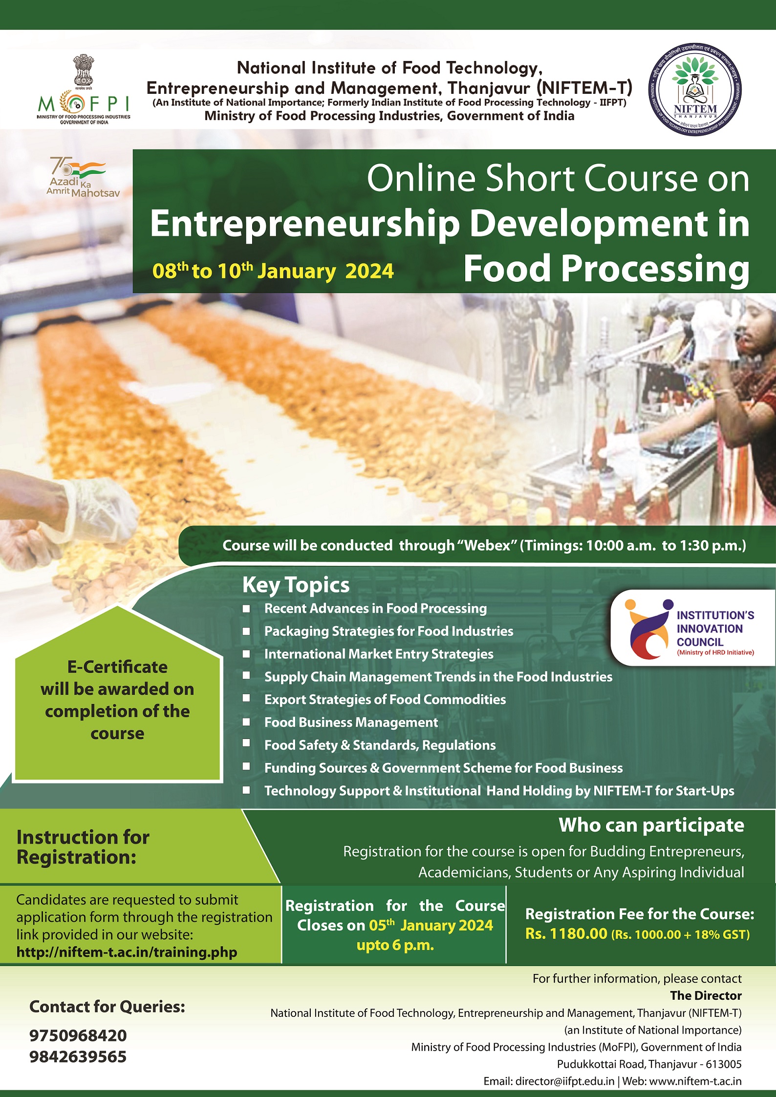 Online Short course on Entrepreneurship Development in Food Processing