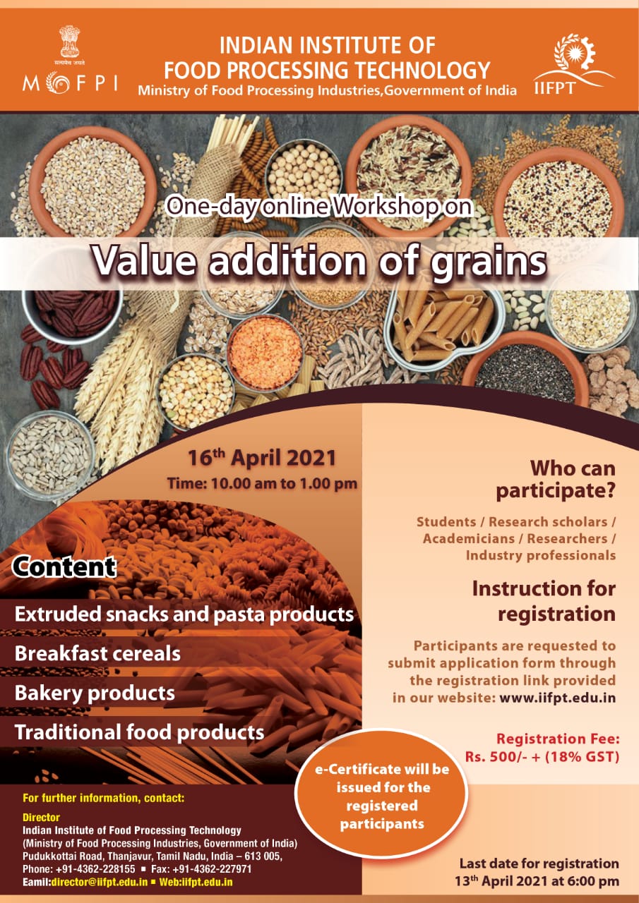 NIFTEM-T - One-day Online Workshop on Value Addition of Grains