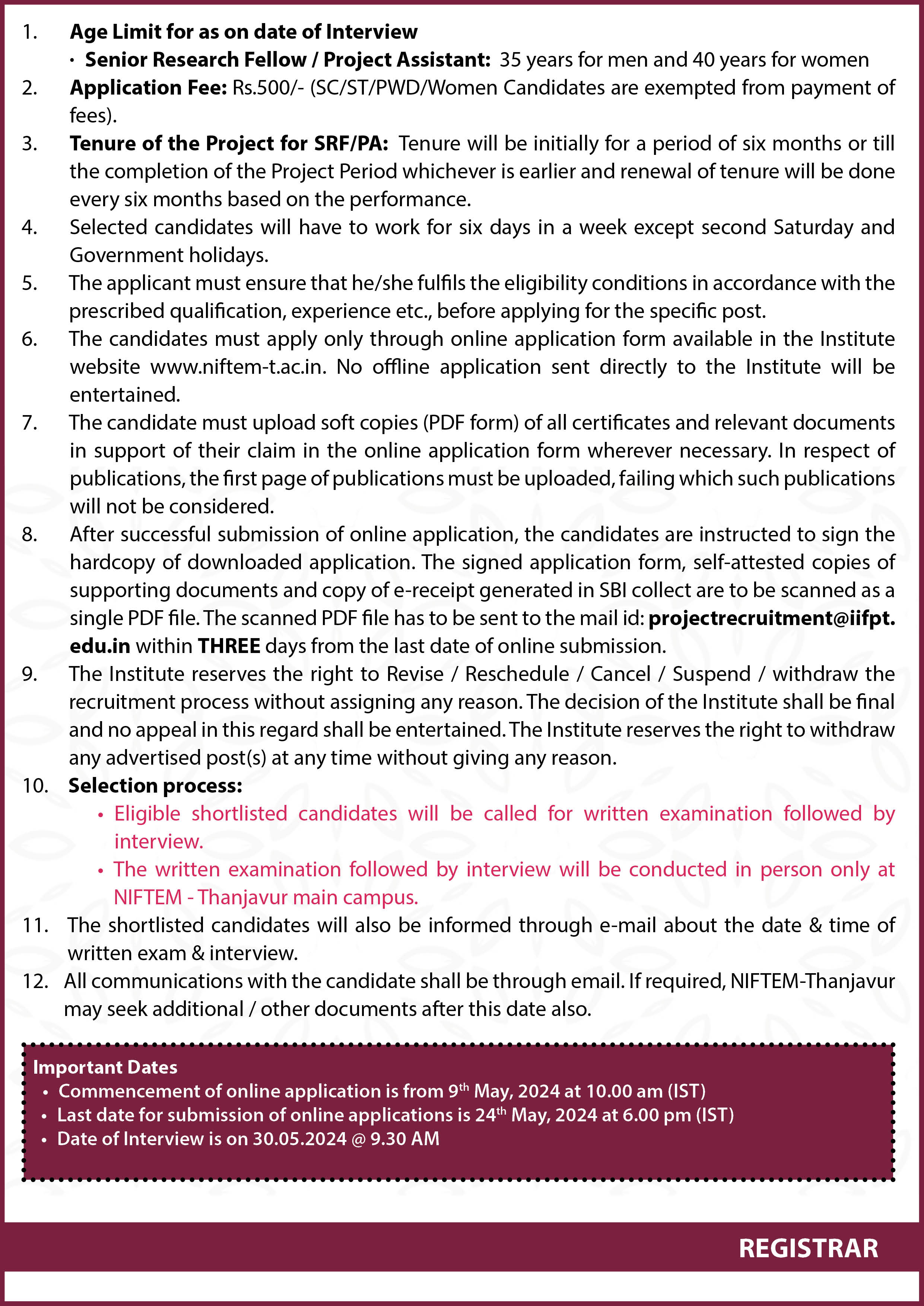 NIFTEM - Thanjavur - Recruitment of SRF & PA on Contract Basis for ...